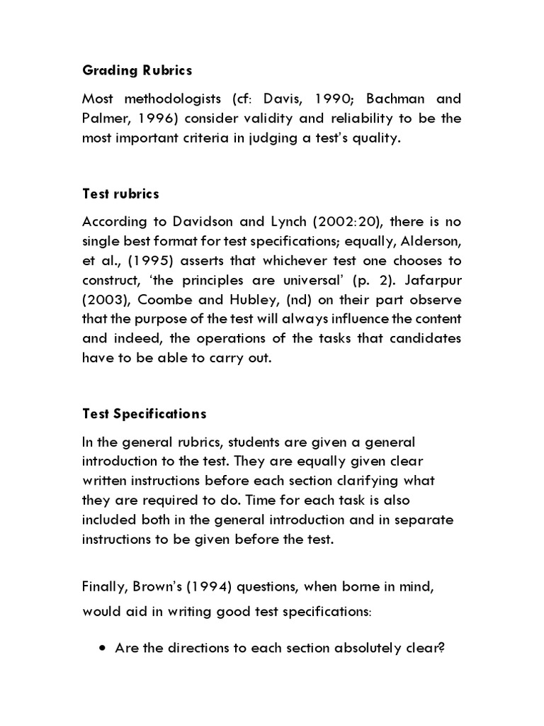 Week 4. TEST RUBRICS and SPECIFICATIONS | PDF | Multiple Choice | Learning