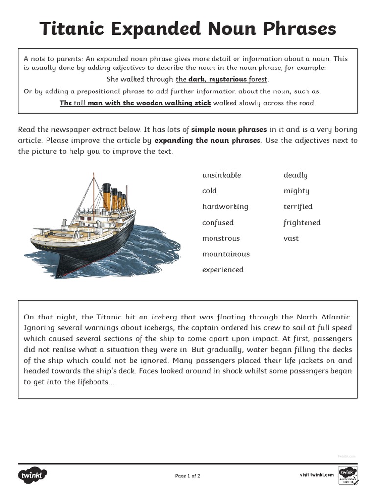 Titanic Expanded Noun Phrases Activity Sheets | PDF