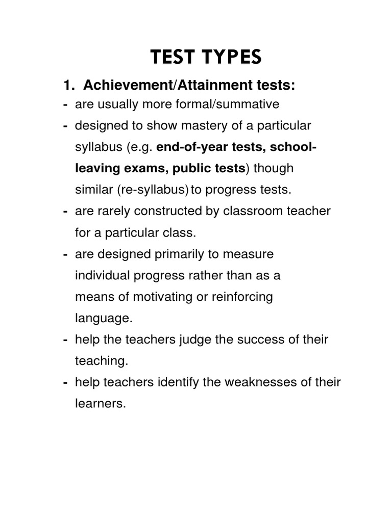 Test Types: 1. Achievement/Attainment Tests | PDF | Second Language ...