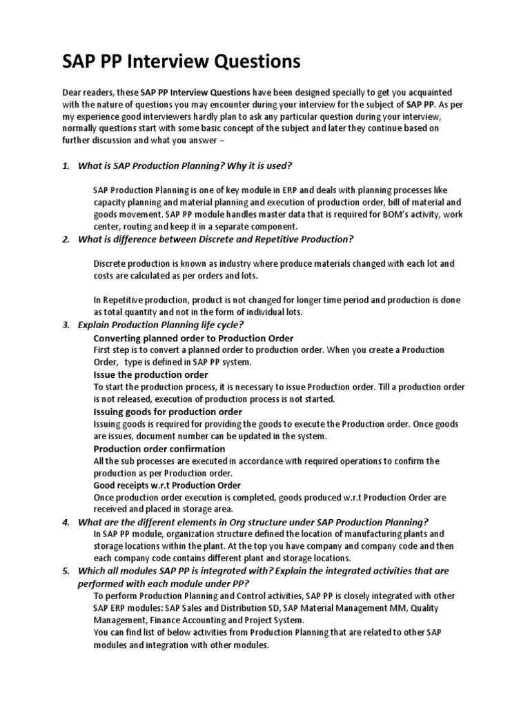SAP PP Interview Questions: Converting Planned Order To Production Order | PDF | Information ...