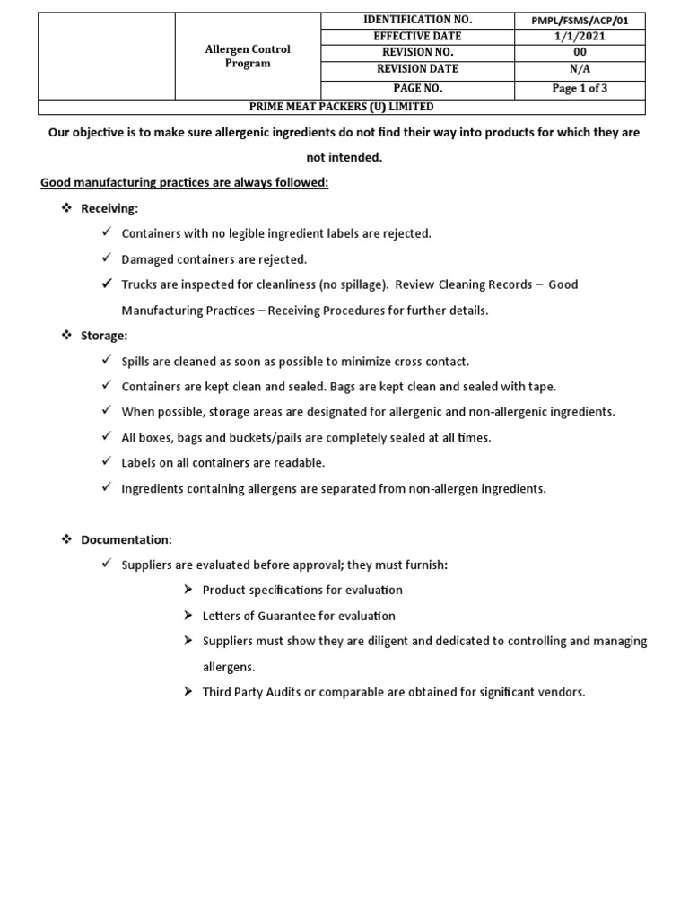 4 Sample Allergen Control Program Template | PDF | Foods | Food And Drink