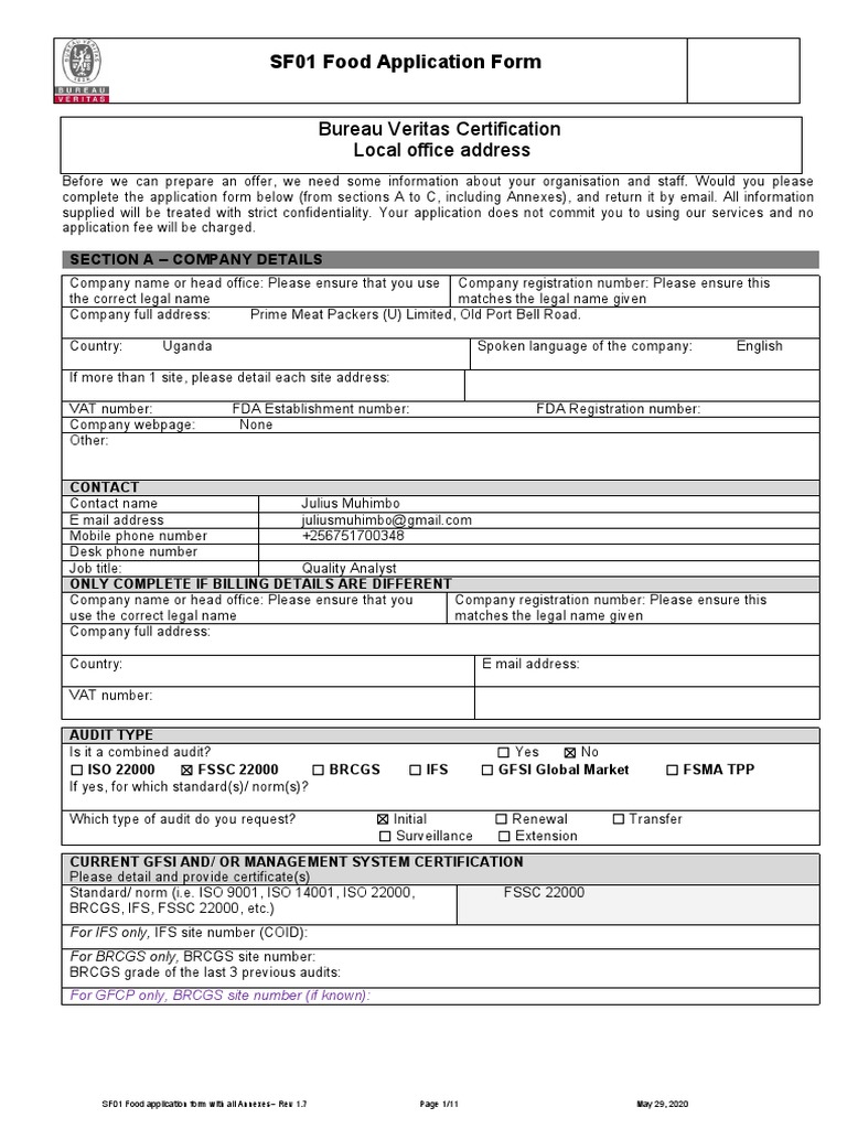 SF01 Food Application Form With All Annexes | PDF | Foods | Hazard ...
