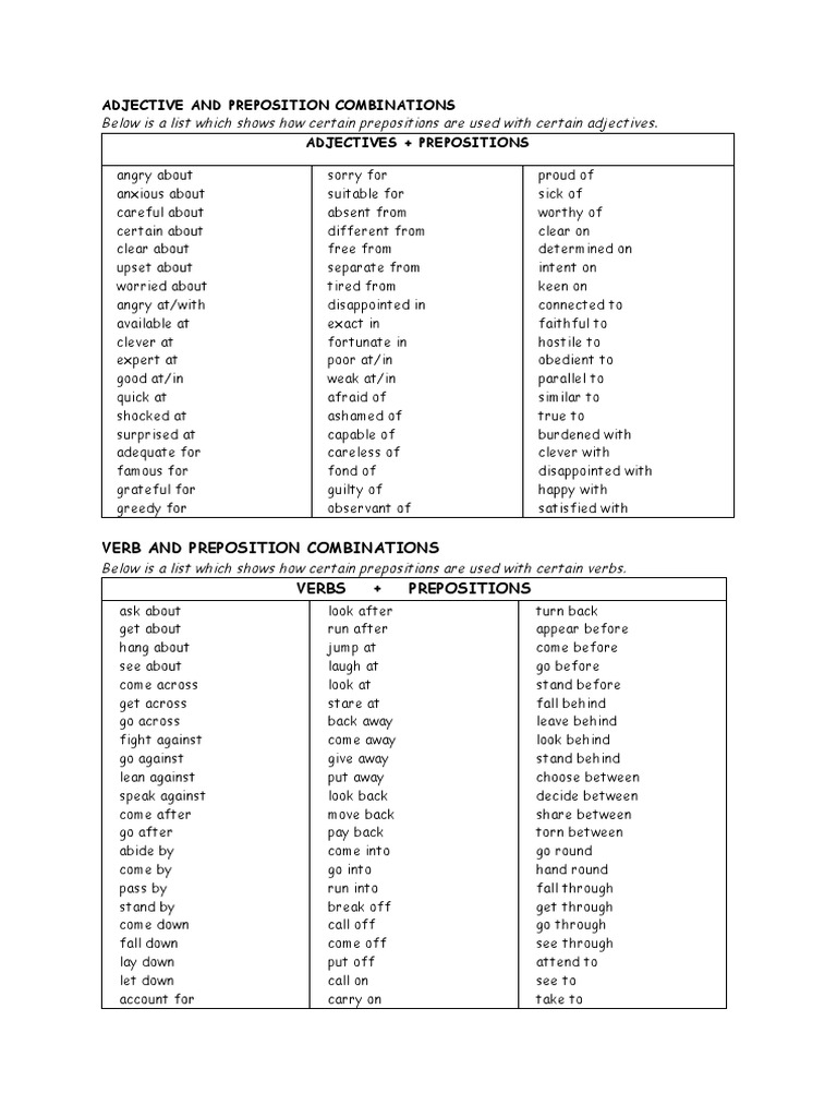 List of Adjective and Preposition Combinations s2 | PDF | Preposition And Postposition ...