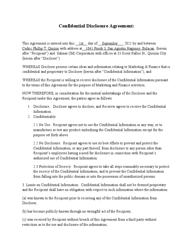 Confidential Disclosure Agreement | PDF | Confidentiality | Government