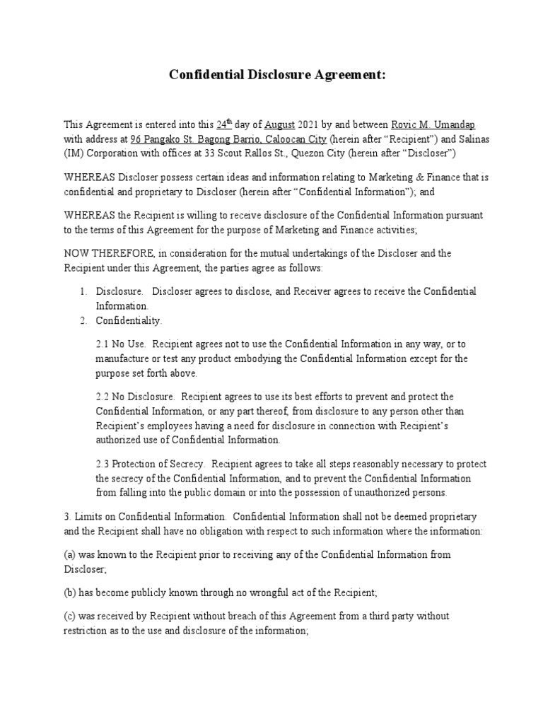 Confidential Disclosure Agreement | PDF | Confidentiality | Non ...