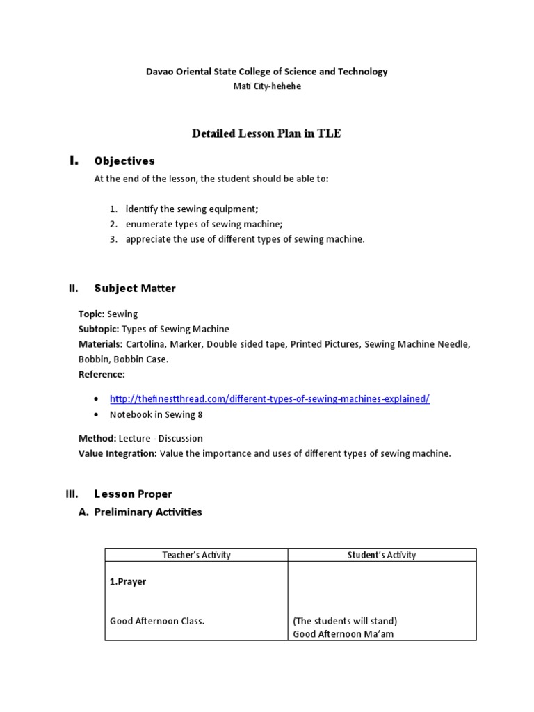 Detailed Lesson Plan in TLE 8 | PDF | Sewing | Sewing Machine