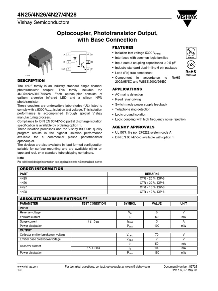 4N25 Datasheet | PDF | Electricity | Manufactured Goods