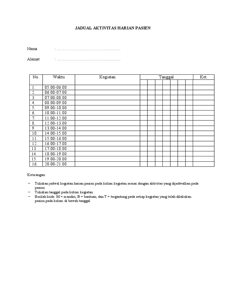 Jadual Aktivitas Harian Pasien | PDF