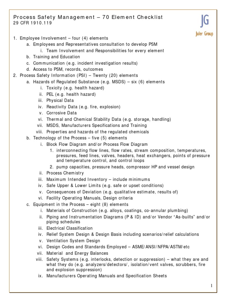 Process Safety Management - 70 Element Checklist | PDF | Safety