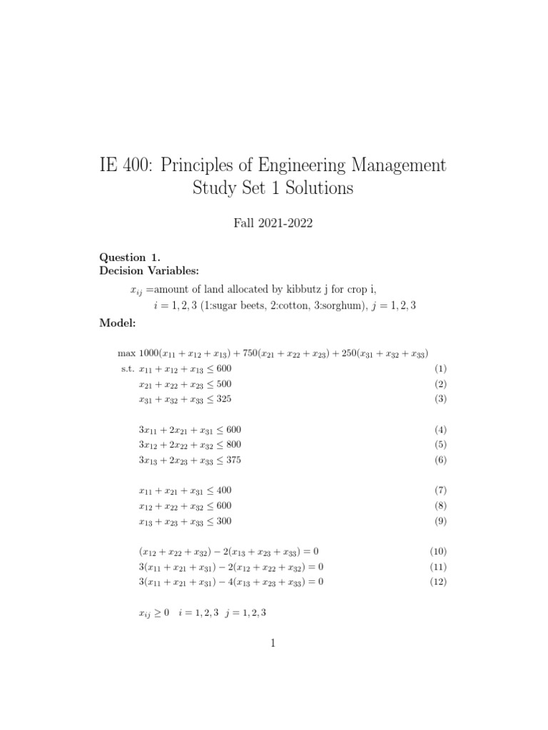IE 400: Principles of Engineering Management Study Set 1 Solutions | PDF | Applied Mathematics