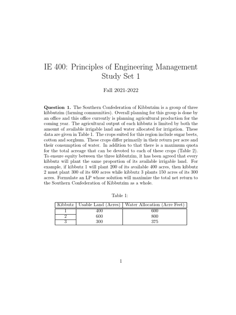 IE 400: Principles of Engineering Management Study Set 1: Fall 2021 ...