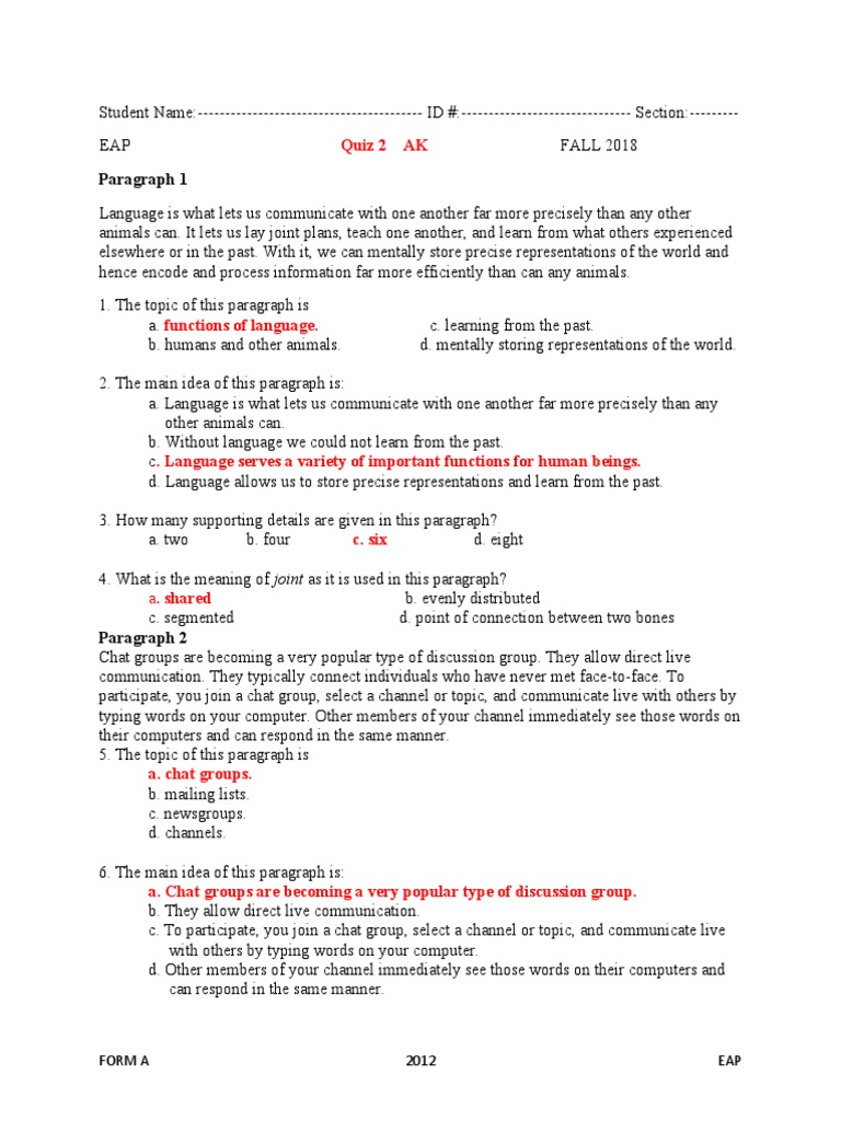 Eap Quiz 2 Form A Ak Pdf Cognition Musculoskeletal System