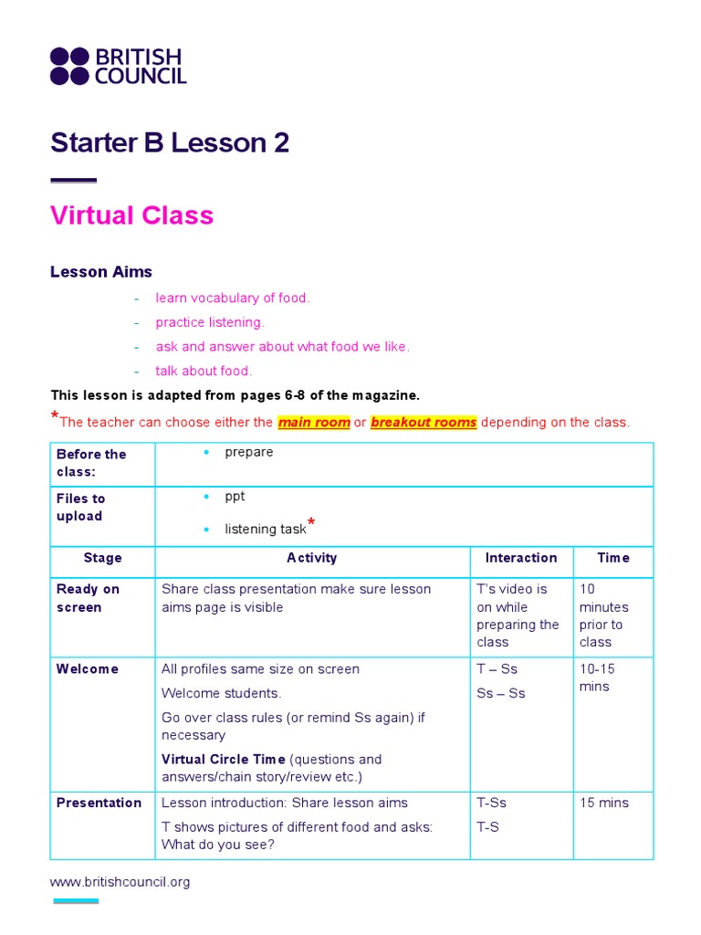 Starter B Lesson 2: Virtual Class | PDF | Pedagogy | Lesson Plan