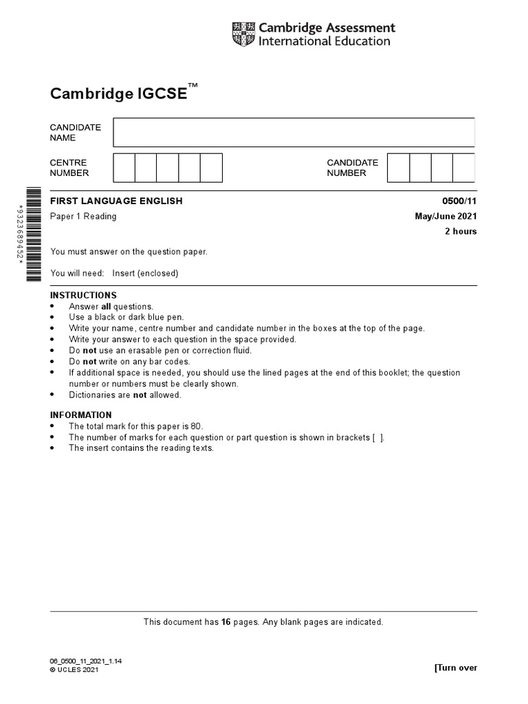 Cambridge IGCSE: 0500/11 First Language English | PDF | Home & Garden