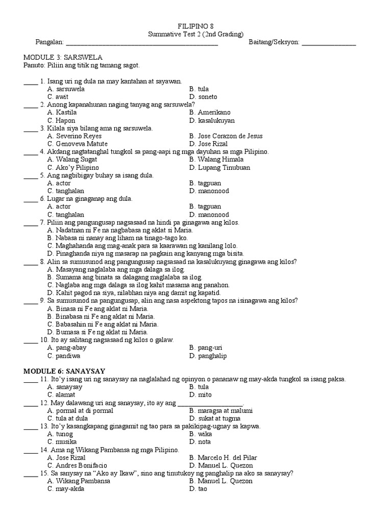 FILIPINO 8 Summative Test 2 | PDF