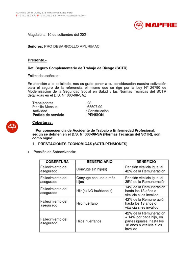 Cotizacion Mapfre Pro Desarrollo Apurimac Agosto | PDF | Pensión