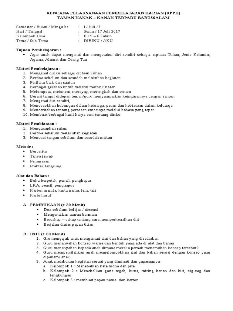 Rencana Pelaksanaan Pembelajaran Harian (RPPH) Taman Kanak - Kanak Terpadu Babussalam | PDF ...