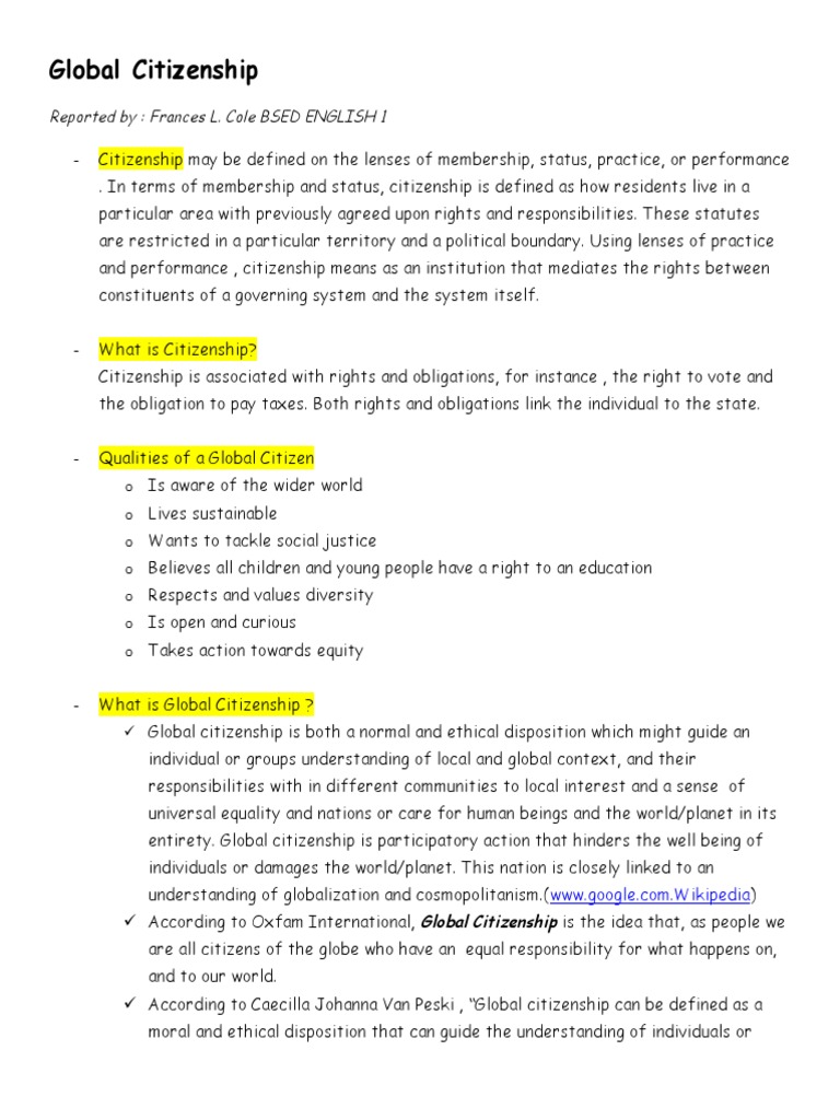 Global Citizenship: Reported By: Frances L. Cole BSED ENGLISH 1 | PDF ...
