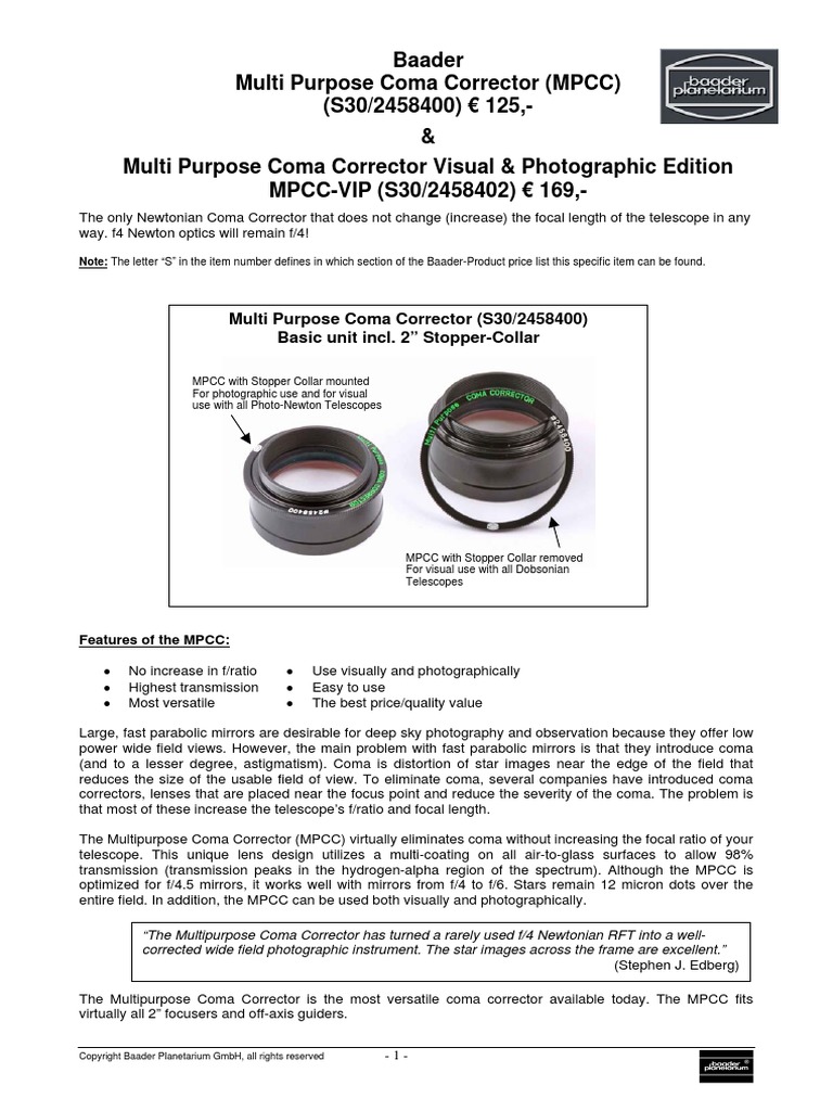 Baader Multi Purpose Coma Corrector (MPCC) (S30/2458400) 125,-& Multi ...