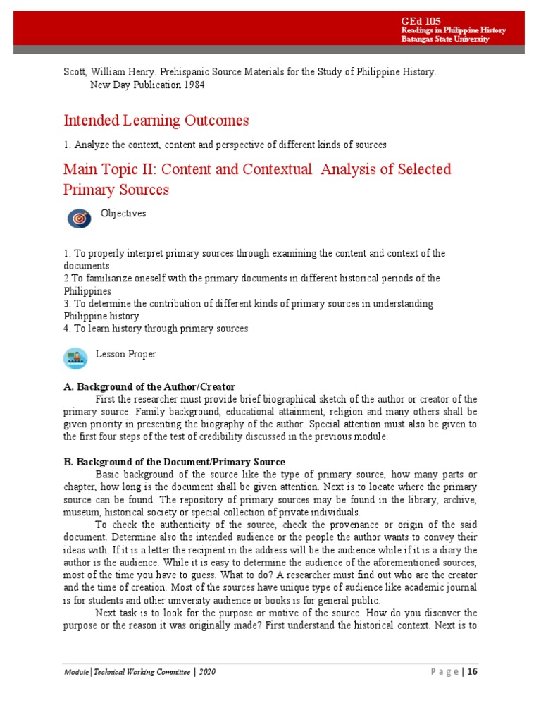 Intended Learning Outcomes Main Topic II: Content and Contextual Analysis of Selected Primary ...