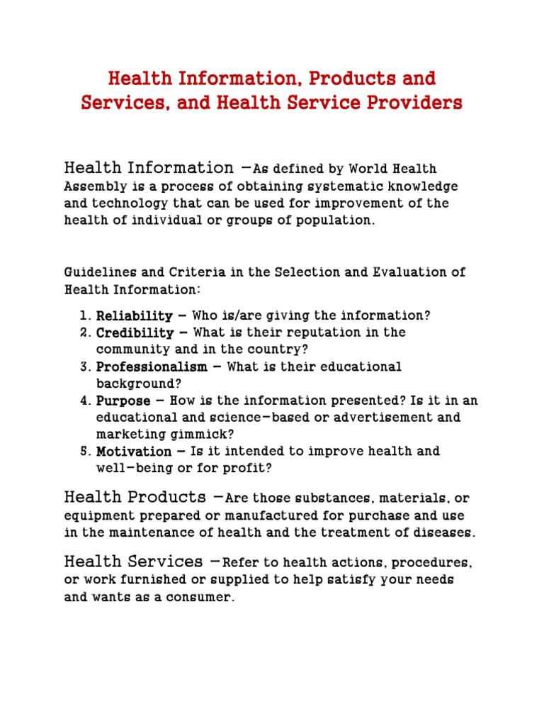 Health Information, Products and Services, and Health Service Providers ...