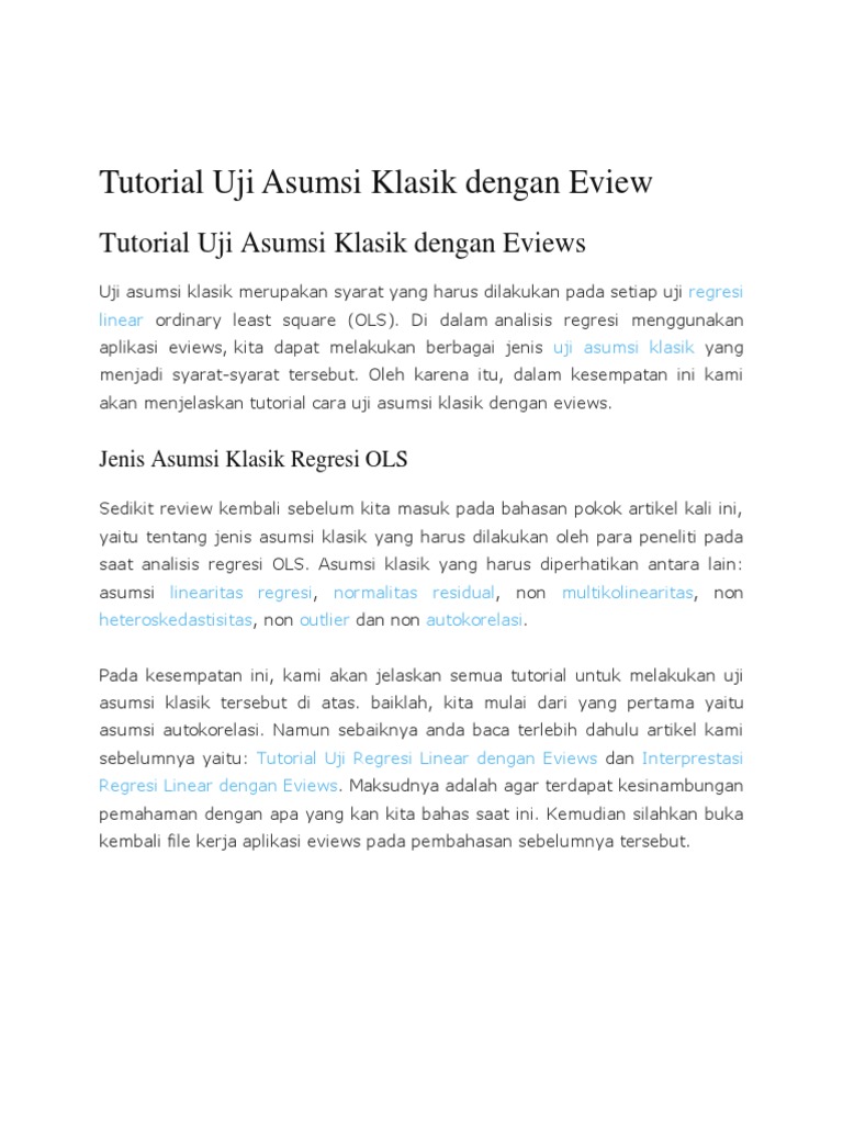 Tutorial Uji Asumsi Klasik Eviews | PDF