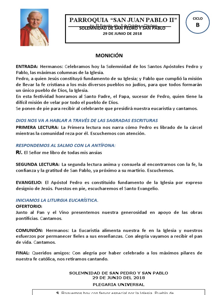 Monición 29 De Junio San Pedro Y San Pablo 2018 Pdf Misa Liturgia