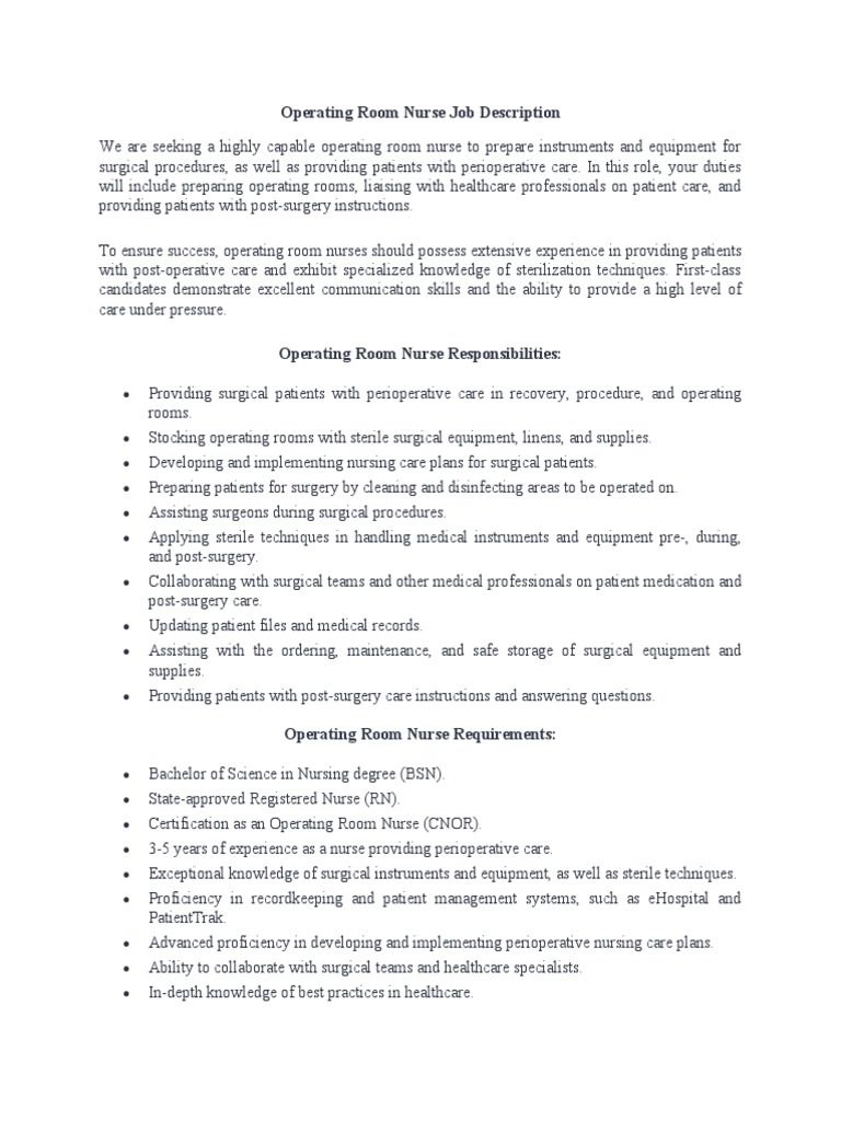 Operating Room Nurse Job Description | PDF | Nursing | Surgery