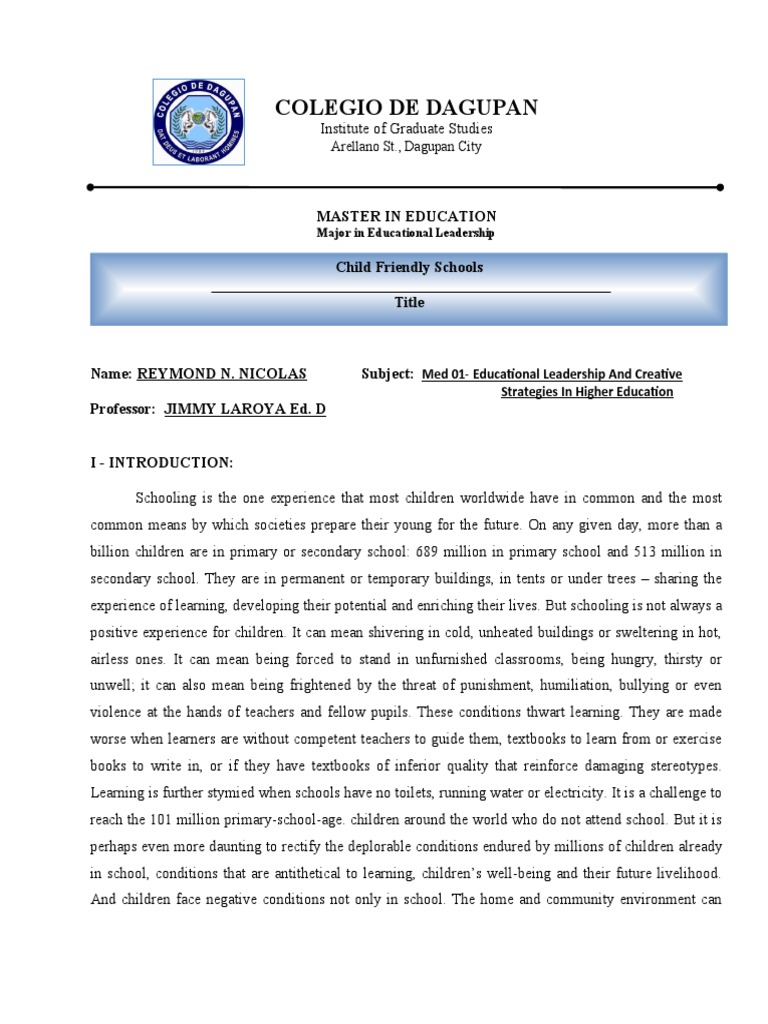 Creating Child Friendly Learning Environments: A Discussion of the ...