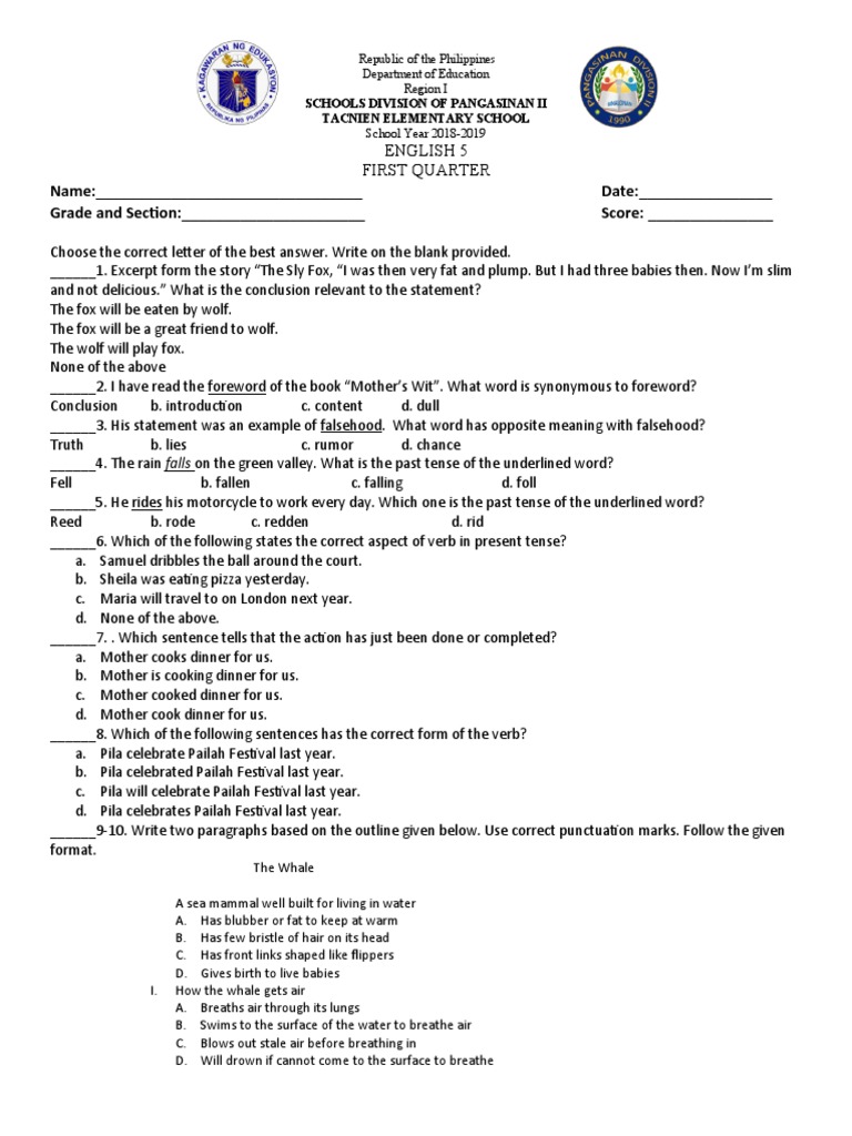 Name: - Date: - Grade and Section: - Score | Download Free PDF | Whales