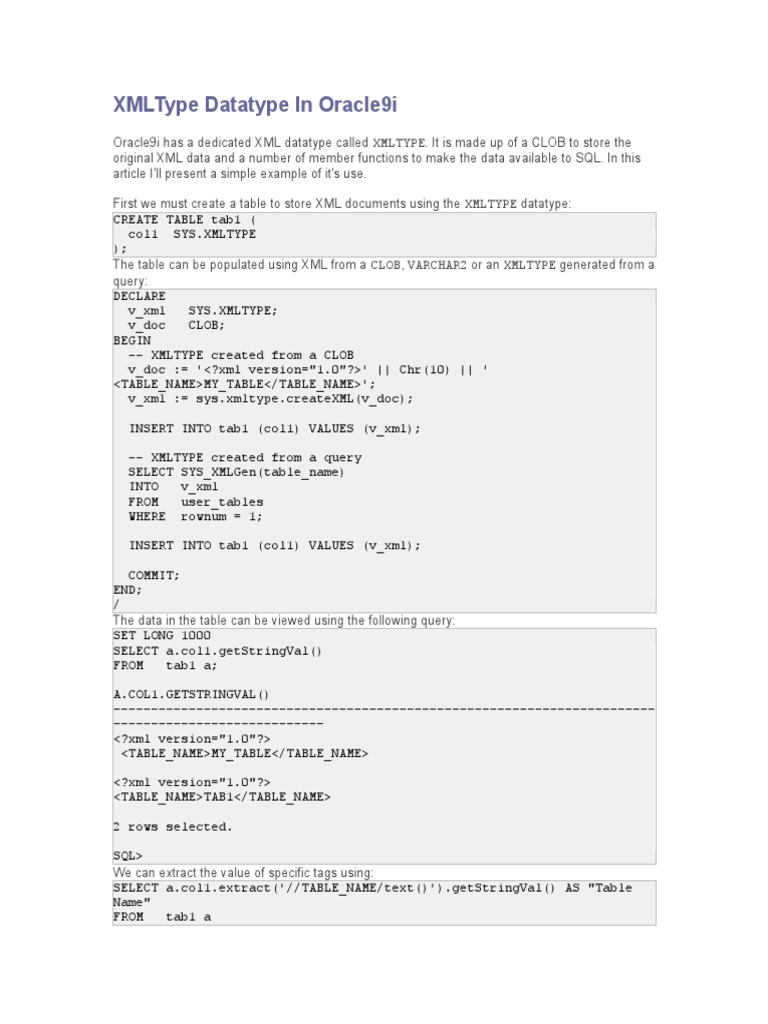Xmltype Datatype In Oracle9i Pdf Databases Computer Data 0392