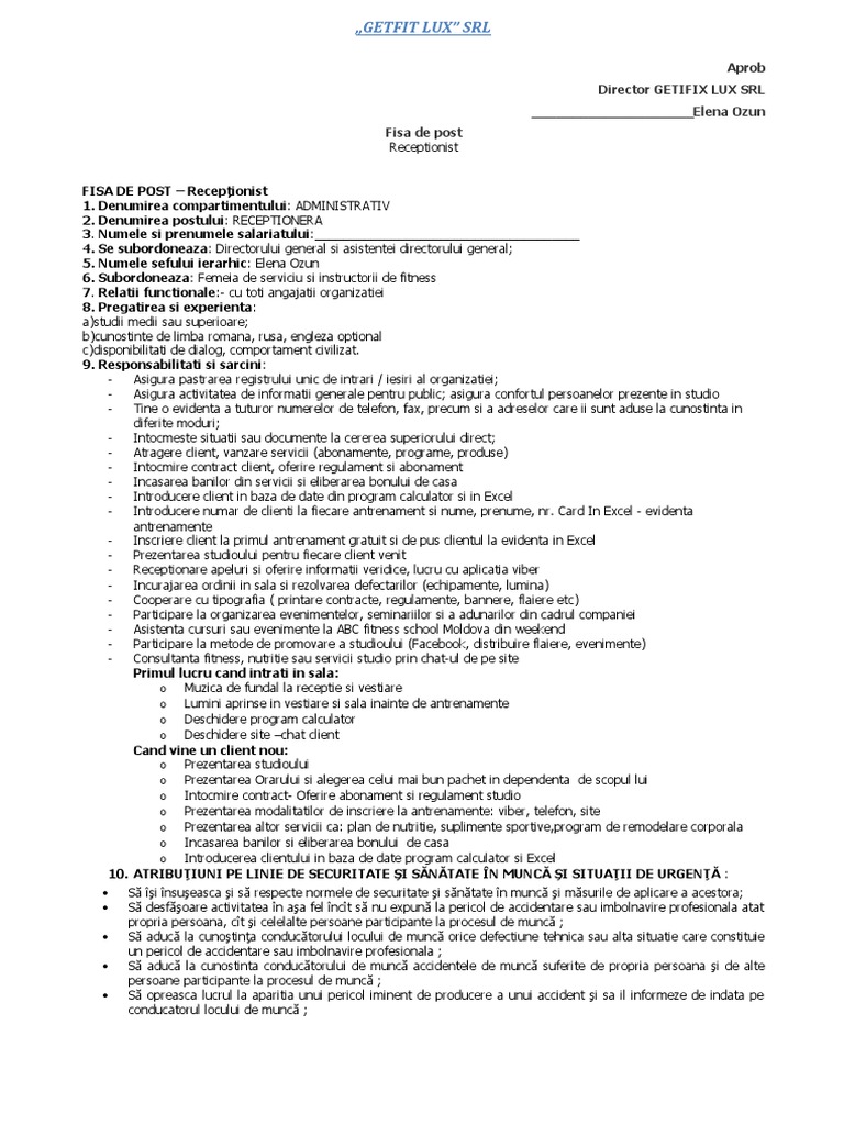 Fisa de Post - Receptioner | PDF