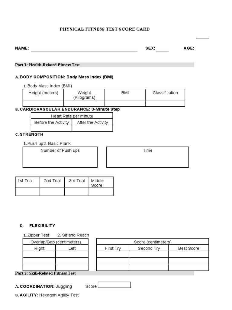 Physical Fitness Test Score Card | PDF