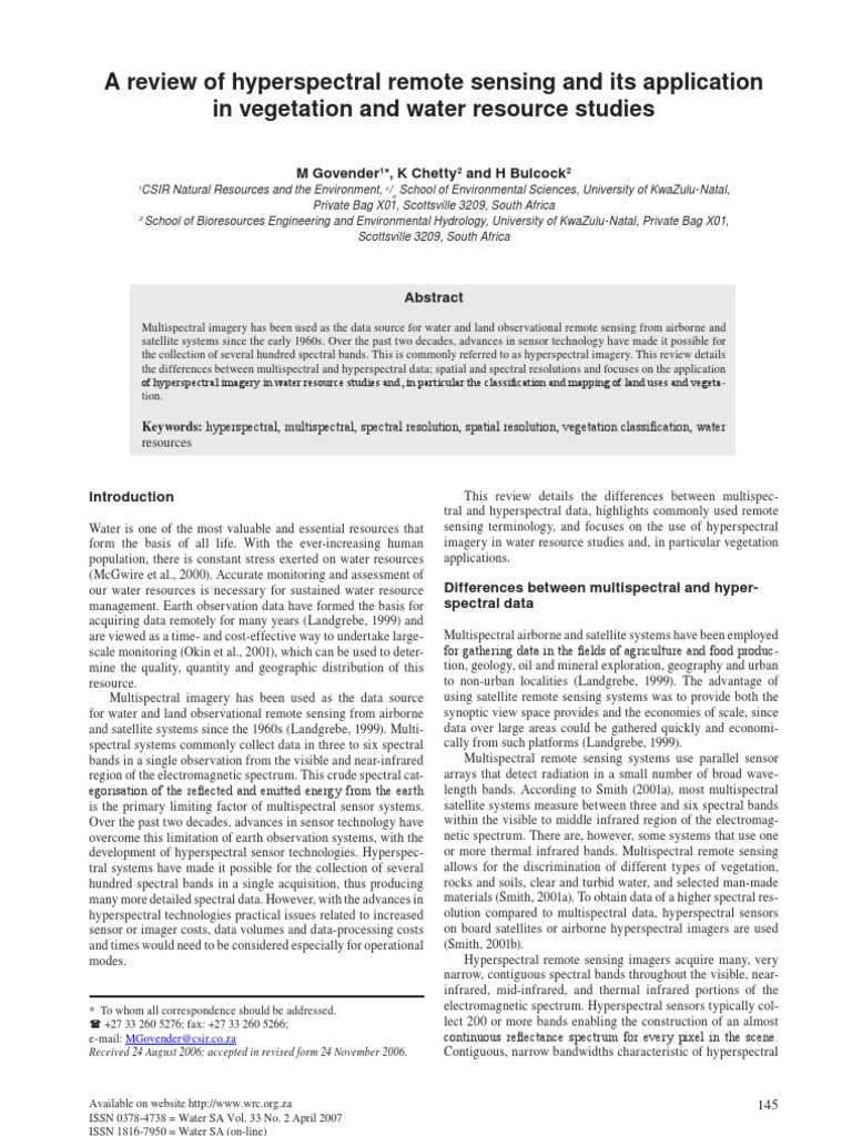 Hyperspectral Remote Sensing A Review Of Its Applications In