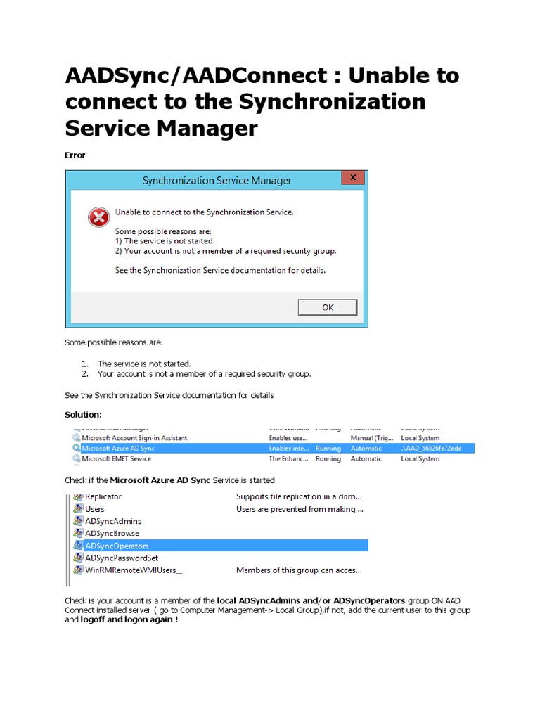 Aadsync/Aadconnect: Unable To Connect To The Synchronization Service ...