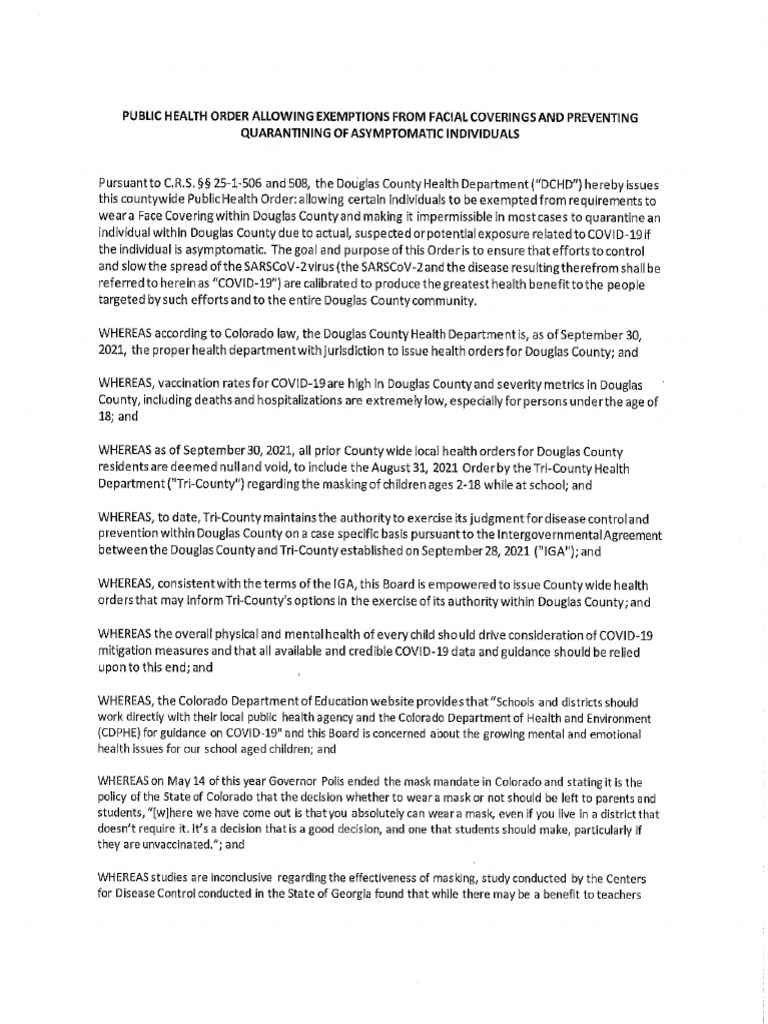 Douglas County Public Health Mask Order: October 10, 2021 | PDF
