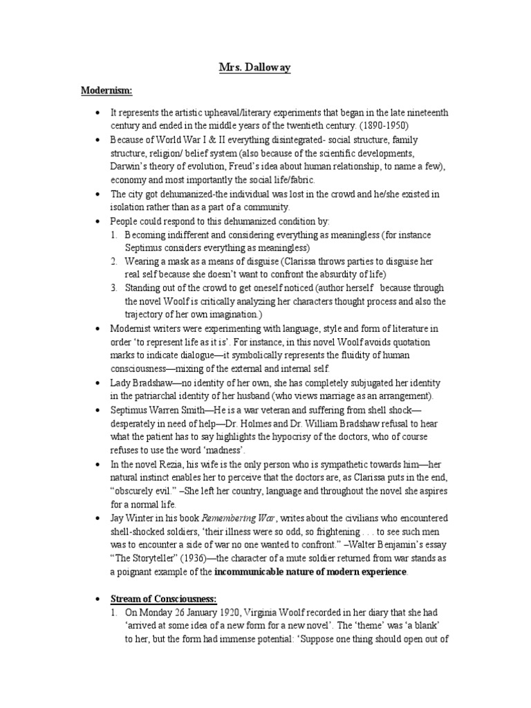 Mrs. Dalloway Notes | PDF | Mrs Dalloway | Virginia Woolf