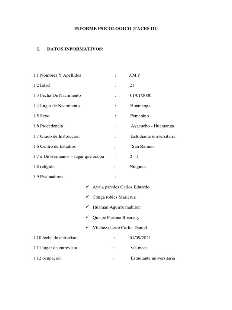 Informe Psicologico Faces | PDF