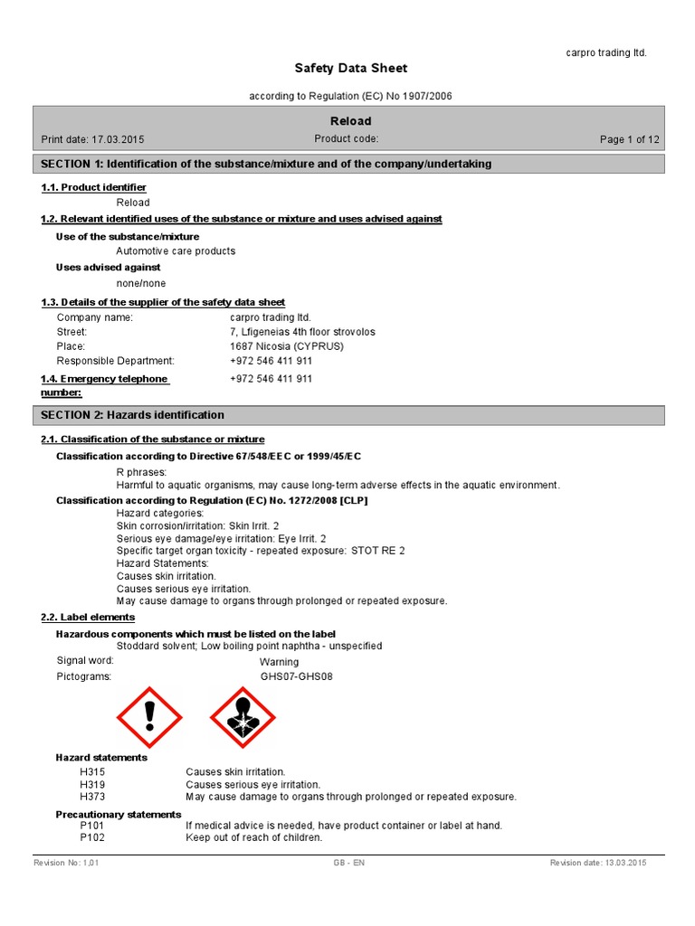 Safety Data Sheet: SECTION 1: Identification of The Substance/mixture ...
