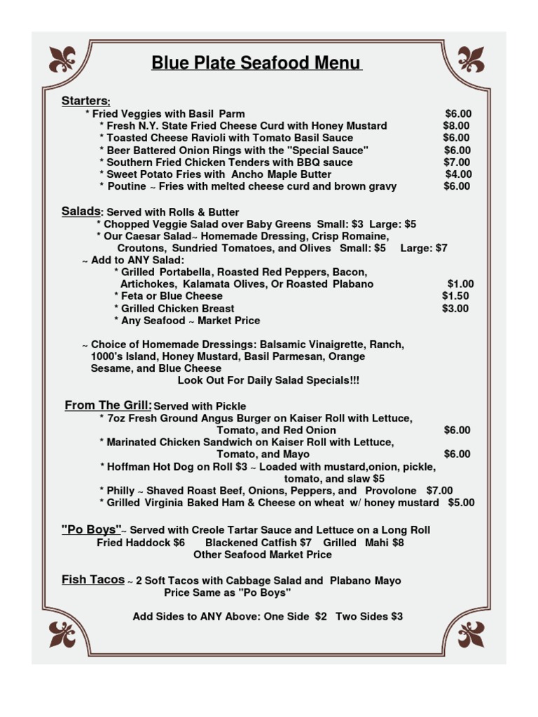 Blue Plate Seafood Menu | PDF | Salad | Cuisine Of The Americas