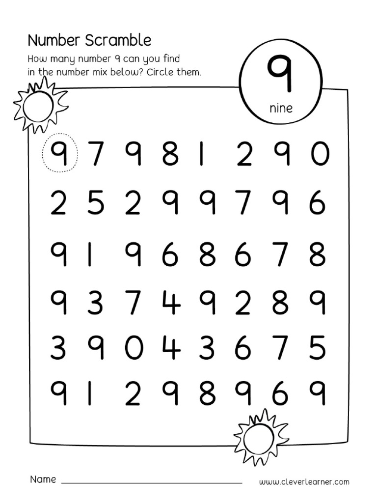 Scrambled Numbers Preschool Activity Worksheet Number 9b | PDF