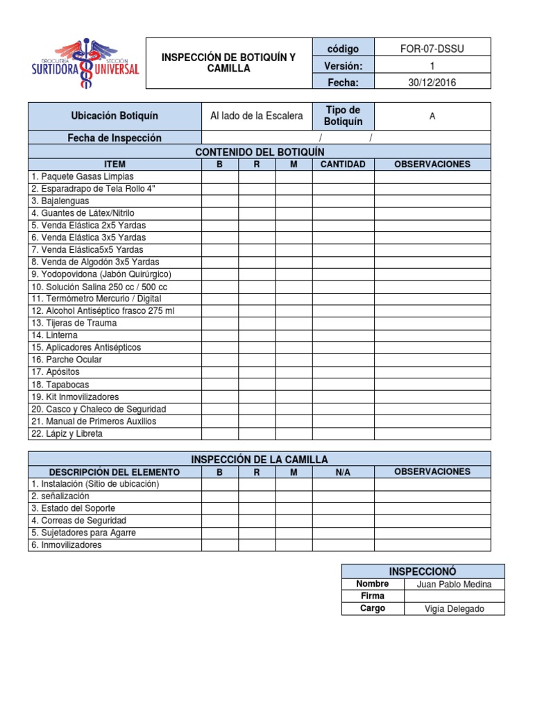 Formato Inspección de Botiquín y Camilla | PDF