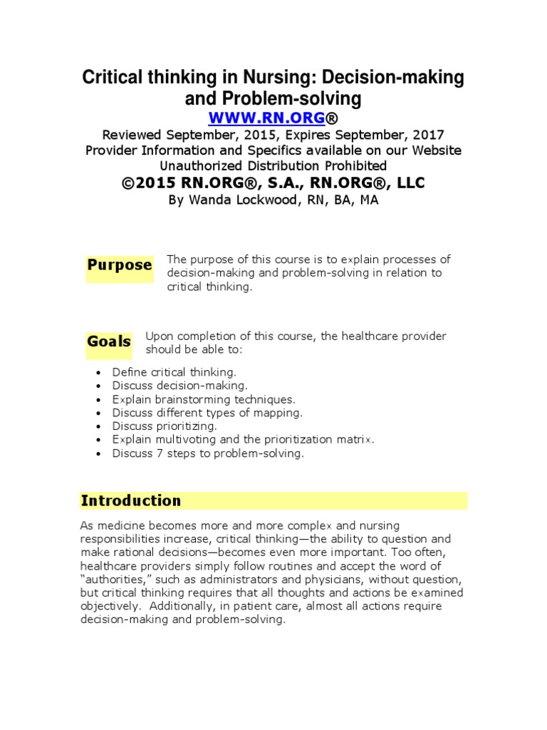 Critical Thinking in Nursing: Decision-Making and Problem-Solving | PDF ...