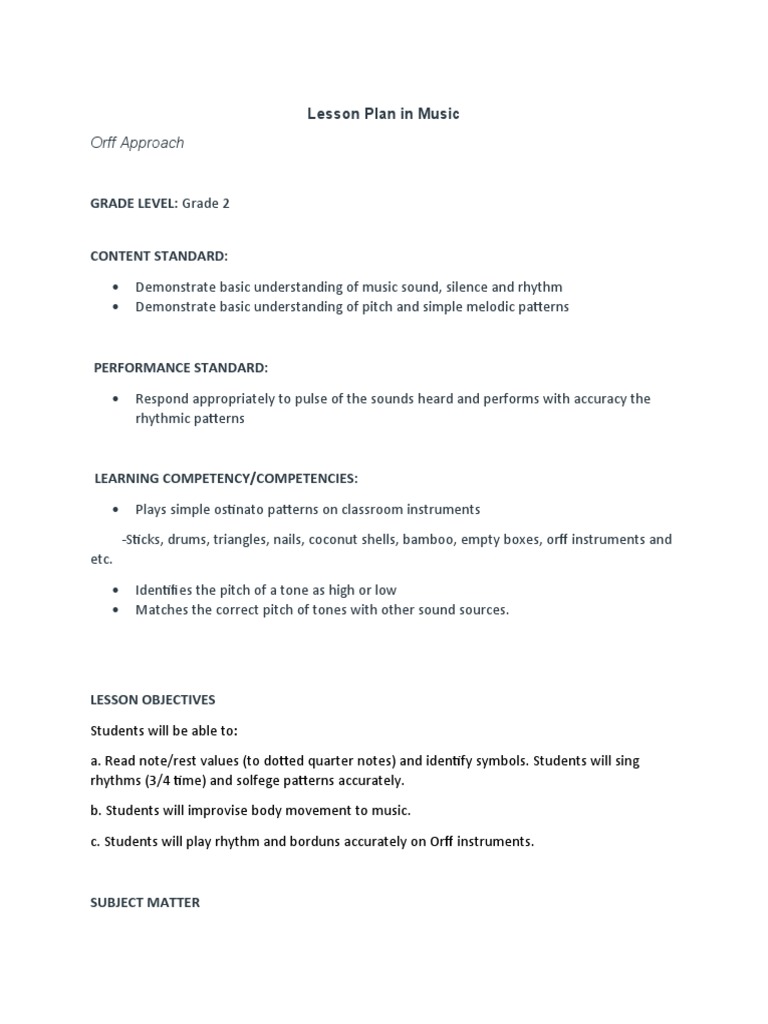 Orff Music Lesson Plan for Grade 2 | PDF | Rhythm | Performing Arts