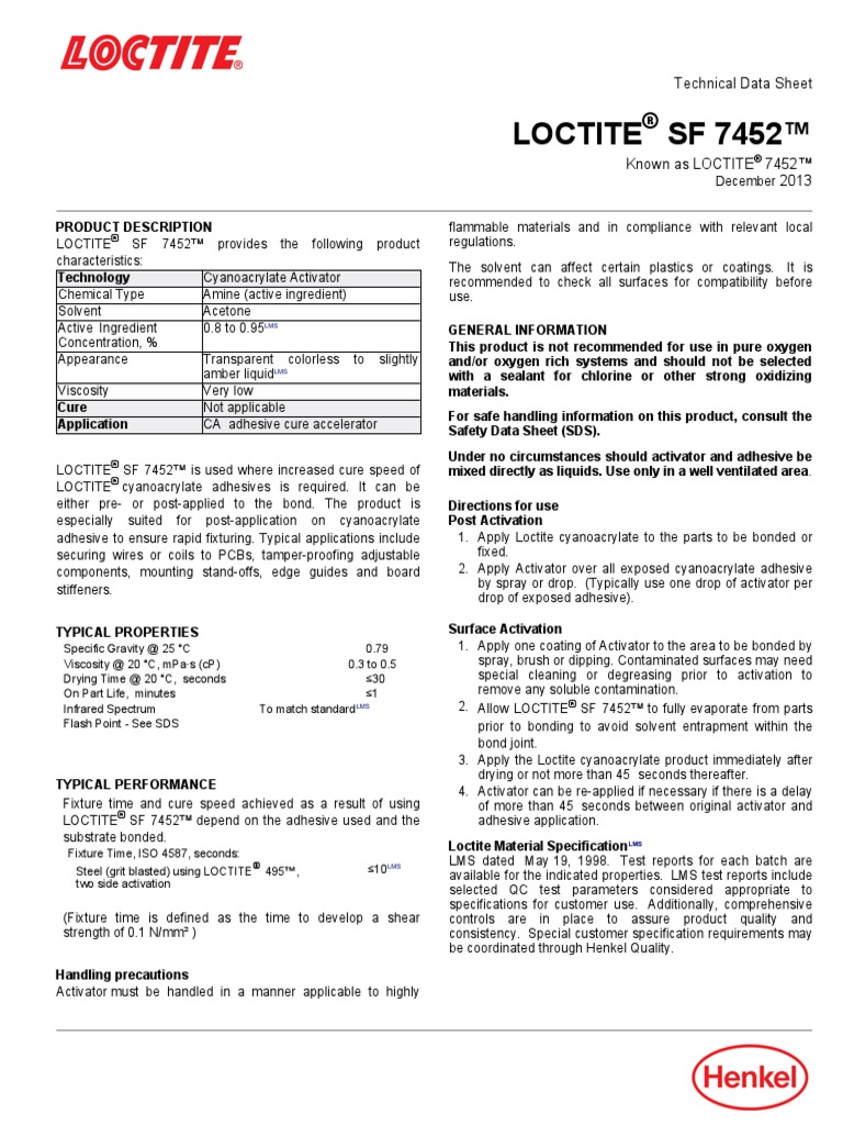 Loctite SF 7452™: Technical Data Sheet | PDF | Adhesive | Legal Liability
