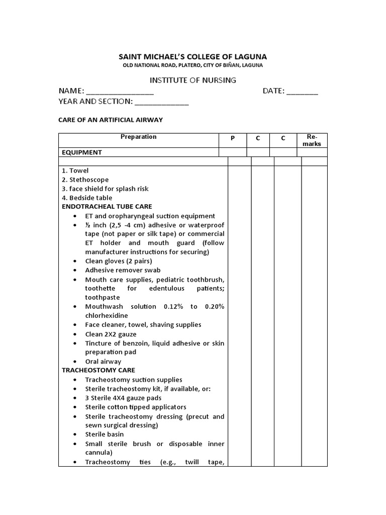 CHECKLIST Trach Care and Suctioning. | PDF | Medical Specialties ...