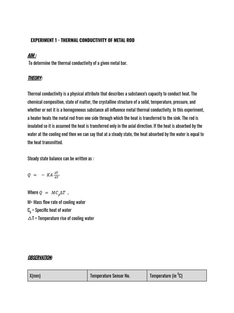 Experiment 1 - Thermal Conductivity of Metal Rod | PDF | Heat Transfer ...