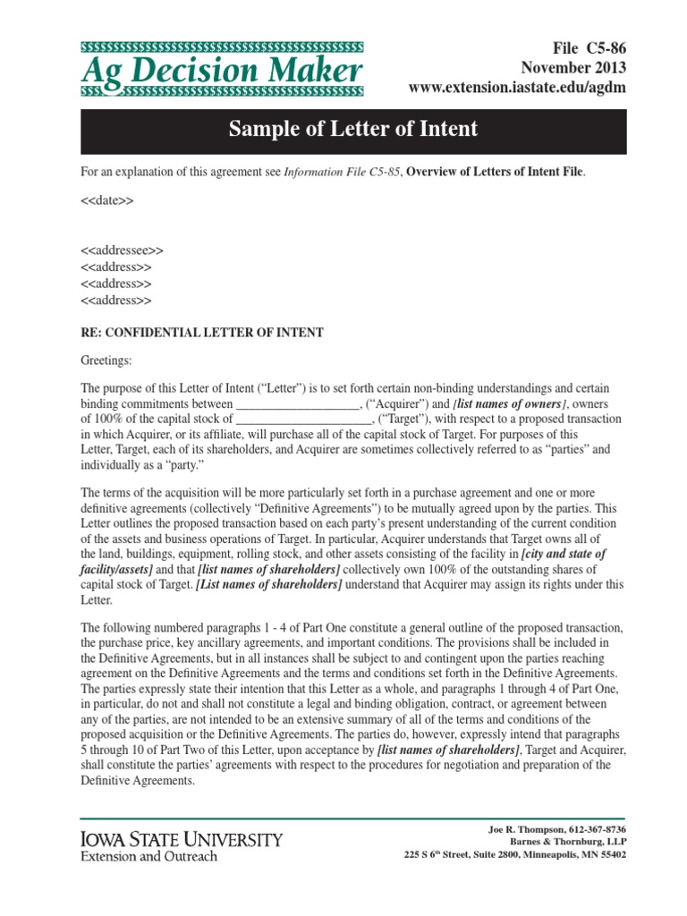Sample of Letter of Intent | PDF | Stocks | Due Diligence