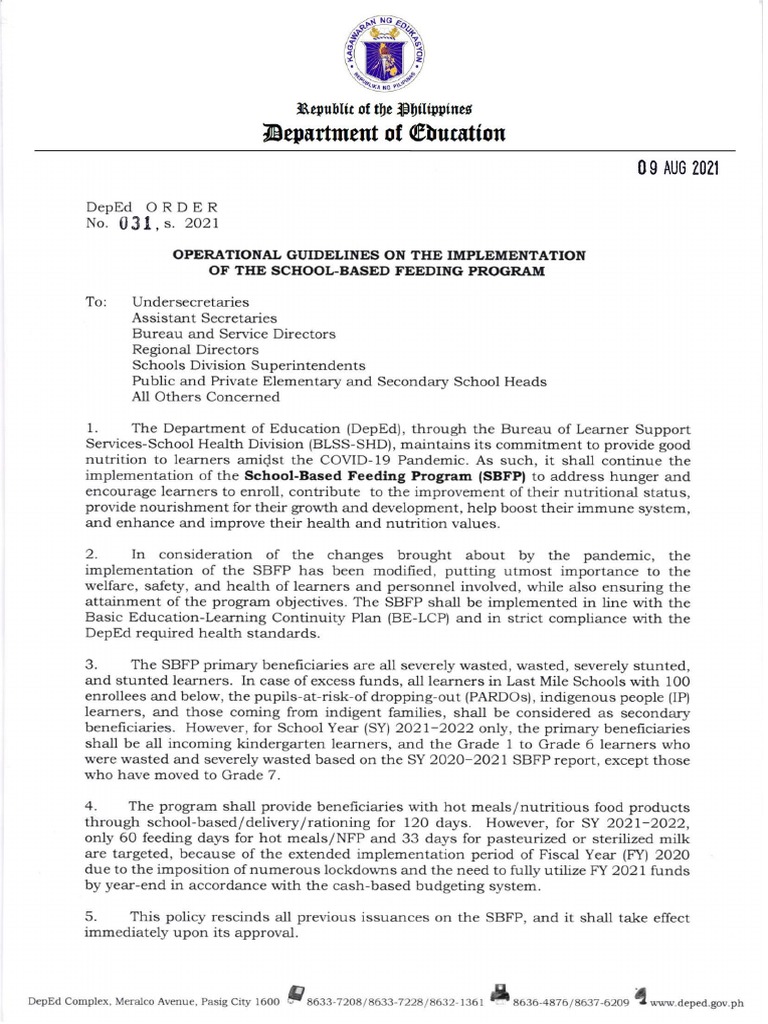 DO s2021 031-SBFP-Guidelines | PDF | Foods | Milk