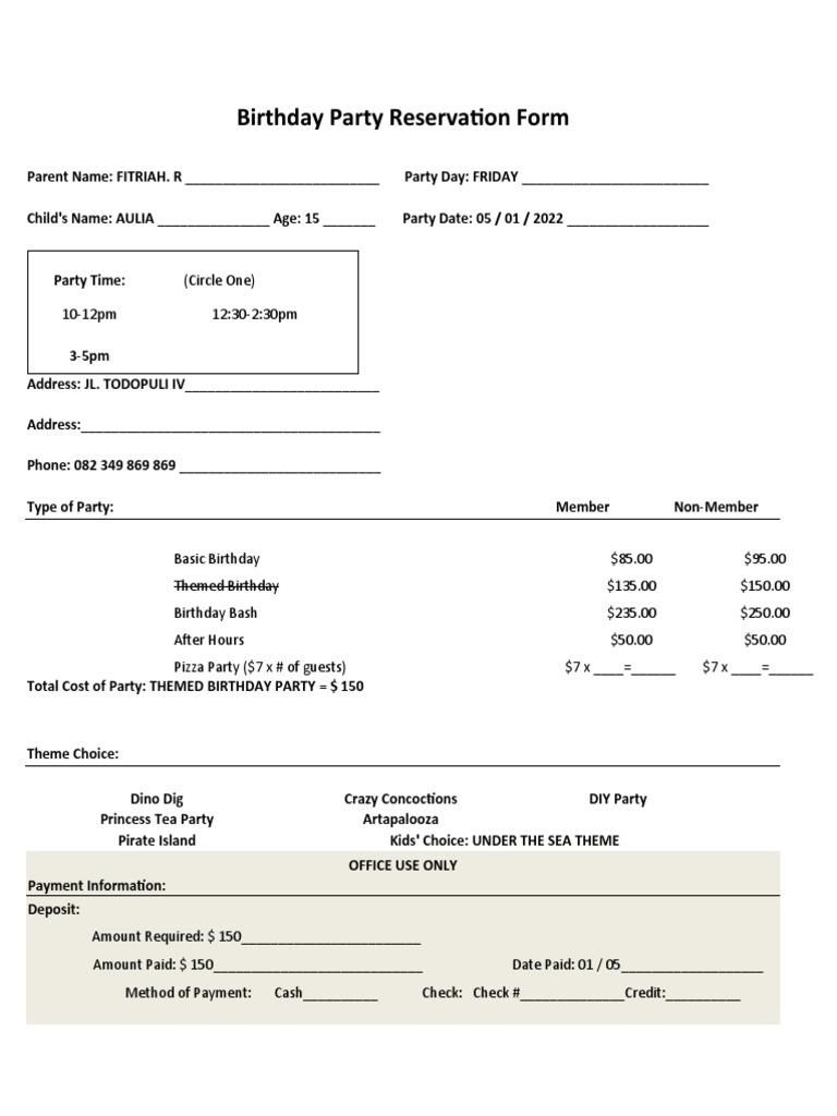 Birthday Party Reservation Form | PDF
